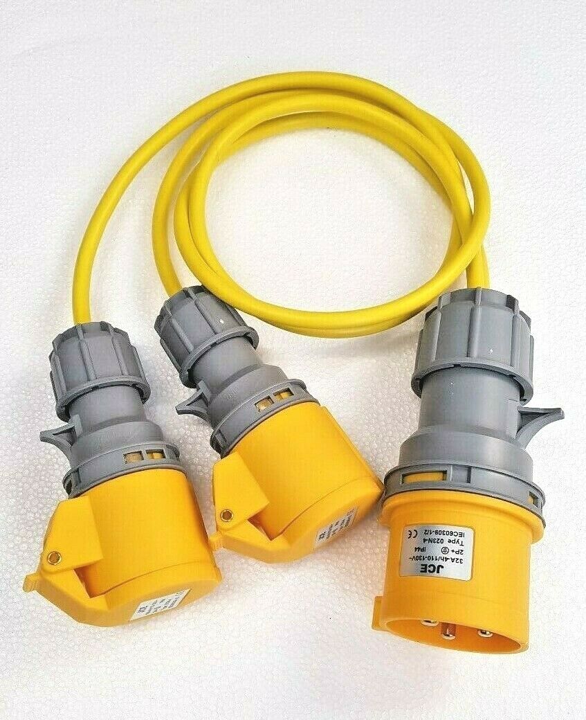 32A Plug – 2 x 16A Sockets 1.5mm IP44 Yellow 110V Splitter